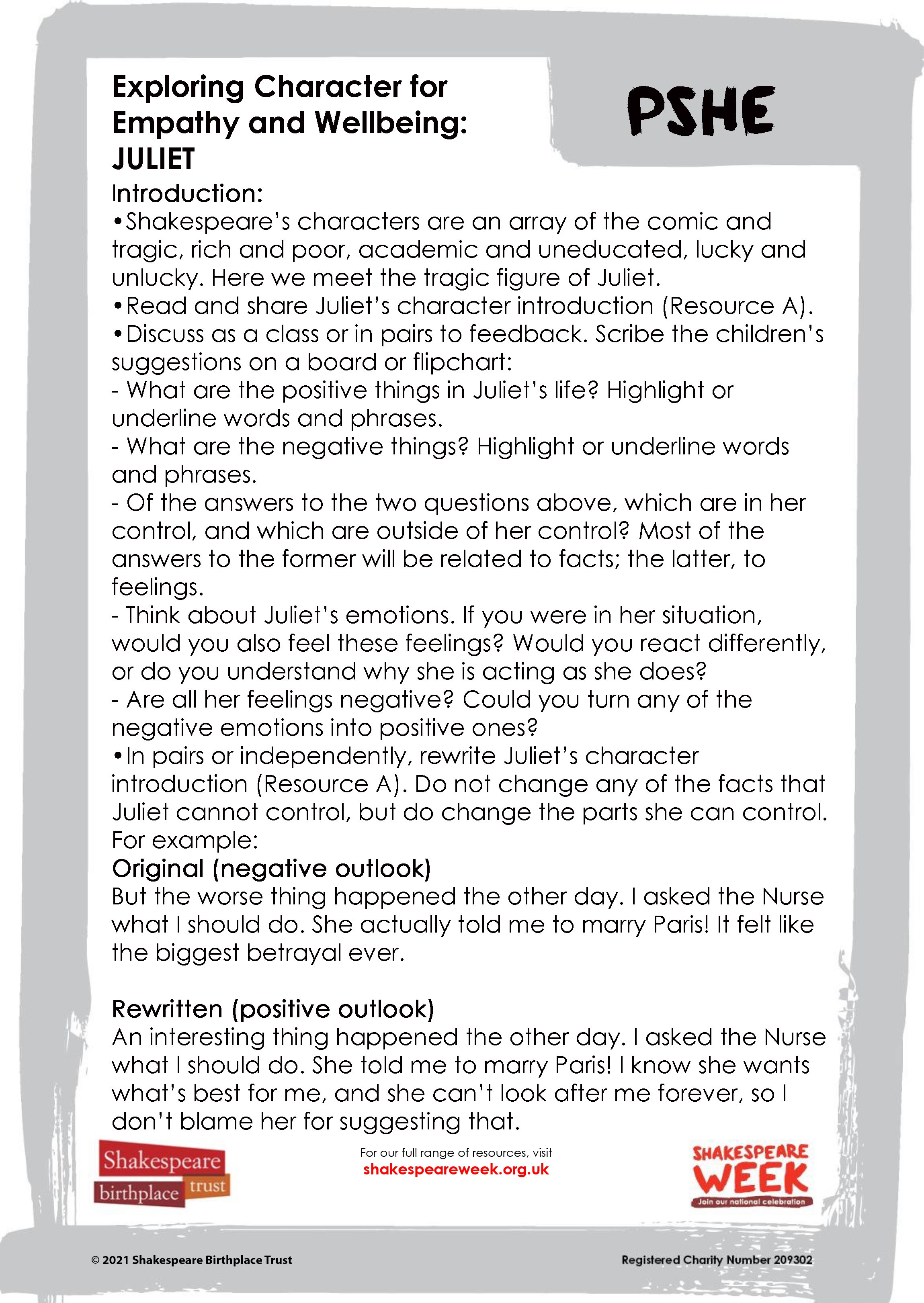 Empathy and Wellbeing Character Resource - Juliet